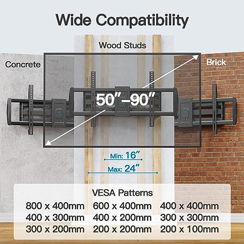 PERLESMITH Full Motion TV Wall Mount for 50”-90” TVs, TV Mount Bracket Dual Articulating Arms Swivel Extension tilt up to 165lbs, Max VESA 800x400mm, Fits 16”18” to 24" Studs, PSXFK1