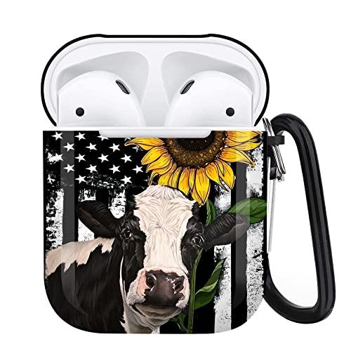 Flag Sunflower Cow Airpods Case Compatiable with Airpods 1 & 2 - Airpods Cover with Key Chain, Full Protective Durable Shockproof Personalize Wireless Headphone Case