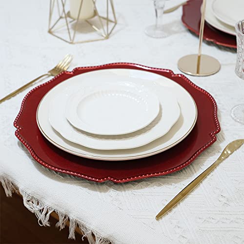 Umisriro Hot Red scalloped charger plates with beaded rim,13 inch plastic dinner chargers for wedding and party table settings, Glossy Finish (set of 6)