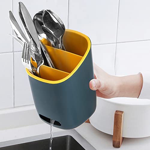 Hacaroa 2 Pack Plastic Kitchen Utensil Holder Cultery Drainer Caddy, 3 Divided Silverware Holder Drying Utensil Crock, Sink Countertop Flatware Organizer for Spoons, Forks, Knives, 2 Colors