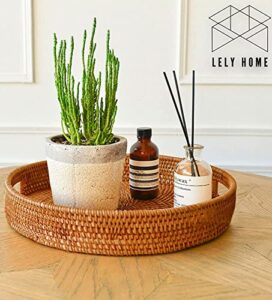 lely home round rattan woven serving tray w/ handles, home table decor ottoman tray for breakfast table, dinner tray tables and wooden serving trays