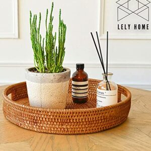 LELY HOME Round Rattan Woven Serving Tray w/ Handles, Home Table Decor Ottoman Tray for Breakfast Table, Dinner tray tables and Wooden Serving Trays