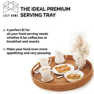 LELY HOME Round Rattan Woven Serving Tray w/ Handles, Home Table Decor Ottoman Tray for Breakfast Table, Dinner tray tables and Wooden Serving Trays