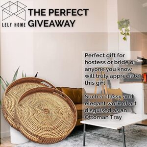 LELY HOME Round Rattan Woven Serving Tray w/ Handles, Home Table Decor Ottoman Tray for Breakfast Table, Dinner tray tables and Wooden Serving Trays