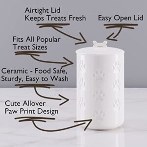 Dog Treat Container Airtight - 5" Round x 9" Tall Ceramic Dog Treat Jar with Lid - White Dog Treat Canister - Large Dog Cookie Jar for Dogs - Pet Treat Container Airtight - Dog Treat Jars for Pets