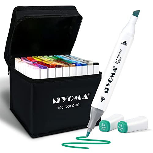 Y YOMA 100 Colors Alcohol Markers Dual Tip Markers Art Markers Set, Unique Colors (1 Marker Case) Alcohol-based Ink, Fine & Chisel, White Penholder