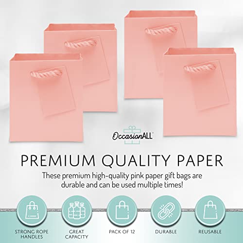 Pink Gift Bags - 12 Pack Mini Gift Bags with Handles, Extra Small Blush Paper Gift Wrap Totes for Bridal & Bachelorette Party Favors, Wedding Gifts, Girls Birthday Goodie Treat Bags, Bulk - 4x2.75x4.5