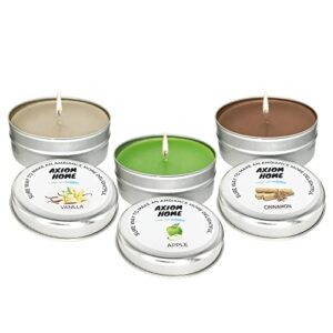 axiom pack of 3 light scented tin candles 12 hours long lasting combo apple, cinnamon, vanilla smokeless stress relief & aromatherapy natural candle gift for mothers day & valentine's day