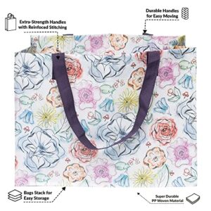 Reusable Tote Bag - 2 Pack Market Tote, Large Durable Water Resistant Fabric Bags with Handles, Cute Floral and Striped Prints for Shopping, Groceries, Market, Beach, Events, Travel - 17x9.25x13