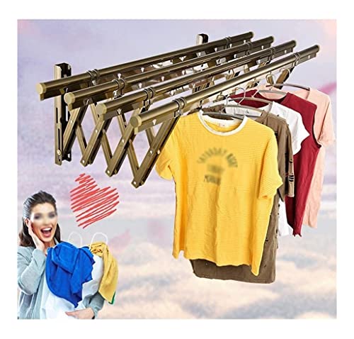 XMCX Airer Laundry Drying Rack Wall Mounted Folding Adjustable Collapsible Space Saver Dryer Bathroom Towel Rail Bar with Windproof Hook Easy Storage (Color : Gold)