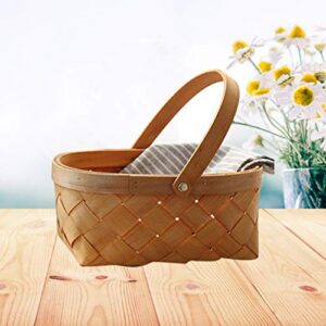 Veemoon Wicker Basket with Handle Woven Basket with Handle Wooden Handmade Rattan Storage Basket Storage Container Houseware Storage Basket for Camping Outdoor Party Park Beach (Medium)