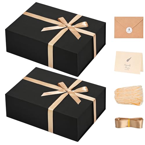 LIFELUM Large Gift Boxes 2 Pack 13 x 10 x 5 Black Gift Boxes for Presents Groomsmen Box with Ribbon Contains Card, Ribbon, Shredded Paper Filler