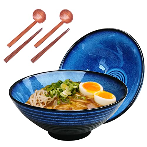 uniidea Ramen Bowl, Japanese Ramen Bowls Set, Large Ceramic Asian Pho Soup Bowl 42 oz with Chopsticks and Spoon, Big Noodle Bowls Blue，2 Sets (6 Pieces)