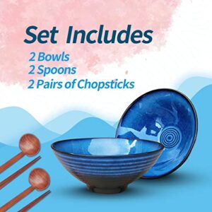 uniidea Ramen Bowl, Japanese Ramen Bowls Set, Large Ceramic Asian Pho Soup Bowl 42 oz with Chopsticks and Spoon, Big Noodle Bowls Blue，2 Sets (6 Pieces)