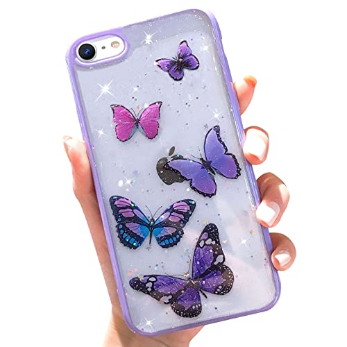 wzjgzdly Butterfly Bling Clear Case Compatible for iPhone 6s Plus, iPhone 6 Plus, Glitter Case for Women Cute Slim Soft Slip Resistant Protective Phone Cover 5.5 inch - Purple