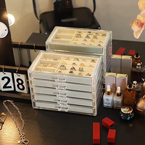 Cq acrylic Jewelry Organizer with 5 Drawers Clear Acrylic Jewelry Box Gift for Women Mens kids and Little Girl Stackable Velvet Earring Display Holder for Earrings Ring Bracelet Necklace Holder,Beige