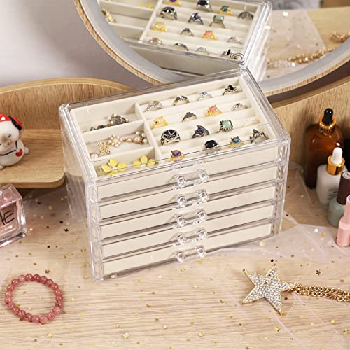 Cq acrylic Jewelry Organizer with 5 Drawers Clear Acrylic Jewelry Box Gift for Women Mens kids and Little Girl Stackable Velvet Earring Display Holder for Earrings Ring Bracelet Necklace Holder,Beige