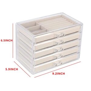 Cq acrylic Jewelry Organizer with 5 Drawers Clear Acrylic Jewelry Box Gift for Women Mens kids and Little Girl Stackable Velvet Earring Display Holder for Earrings Ring Bracelet Necklace Holder,Beige