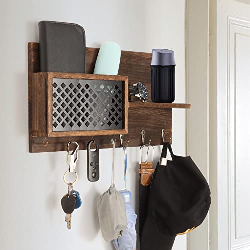 Wooden Key and Mail Holder for Wall Decorative-with 7 Key Hooks and A Floating Shelf Includes Letter Holder and Hooks for Coats, Dog Leashes – Rustic Home Decor for Entryway or Mudroom,Kitchen,Office