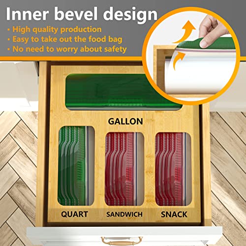 Ziplock Bag Storage Organizer for Drawer - Bamboo Kitchen Food Storage Bag Organizer Holders, Gallon Quart Snack Sandwich and Slider Bag Dispenser, Compatible with Ziploc Hefty Glad Solimo and More