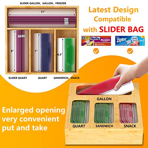 Ziplock Bag Storage Organizer for Drawer - Bamboo Kitchen Food Storage Bag Organizer Holders, Gallon Quart Snack Sandwich and Slider Bag Dispenser, Compatible with Ziploc Hefty Glad Solimo and More