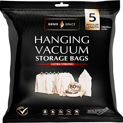 GENIE SPACE Hanging Vacuum Bags - Pack of 5, Regular Length | Premium Wardrobe Suction Storage Space Saving Bags, 41x28in | Strong, Airtight & Reusable for Suits, Coats & Dresses | With Travel Pump