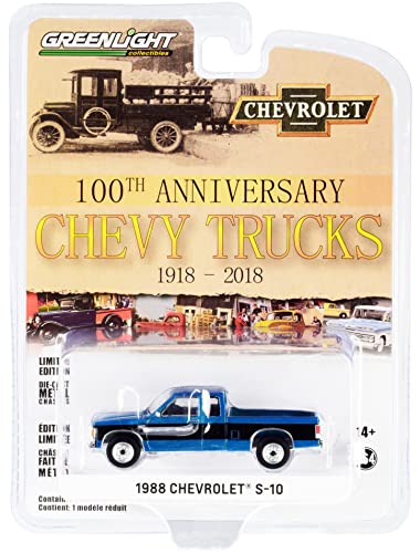 1988 Chevy S-10 4x4 Extended Cab Pickup Blue Met. & Black 100th Anniversary of Chevy Trucks (1918-2018) 1/64 Diecast Model Car by Greenlight 28080 B