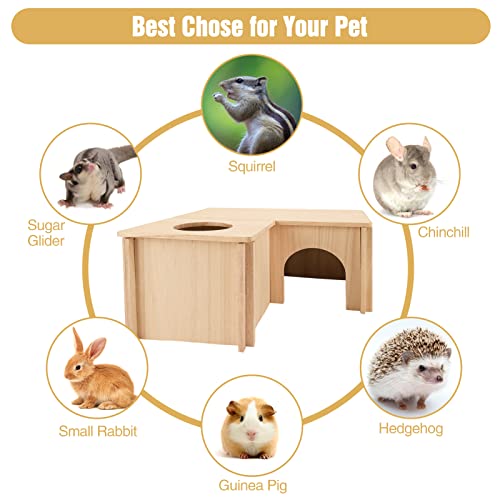 PAWCHIE Guinea Pig Hideout Hamster House with Multi-Rooms - Small Animals Pets Hideout Multi-Chamber Wooden Hut Habitats Decor Tunnel for Guinea Pigs, Hamsters, Chinchillas