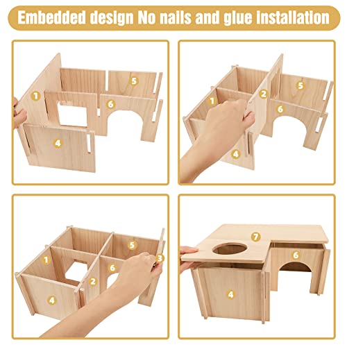 PAWCHIE Guinea Pig Hideout Hamster House with Multi-Rooms - Small Animals Pets Hideout Multi-Chamber Wooden Hut Habitats Decor Tunnel for Guinea Pigs, Hamsters, Chinchillas