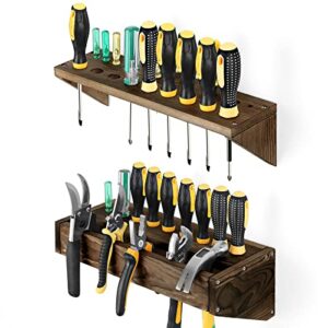 screwdriver organizer wall mount pliers hammer storage holder wood hand tool storage rack wrench holder organizer for workshop workbench yard garage garden, 2-pack (brown)