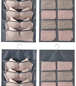 YUNZSXJY Durable Hanging Closet Organizer for Underwear Double Sided with Mesh Pockets,Space Saving Storage Pocket Bra Clothes Socks Organizer Home Basics. (Gray, 2PCS 5+10 Pockets)