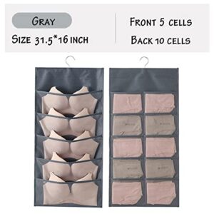 YUNZSXJY Durable Hanging Closet Organizer for Underwear Double Sided with Mesh Pockets,Space Saving Storage Pocket Bra Clothes Socks Organizer Home Basics. (Gray, 2PCS 5+10 Pockets)