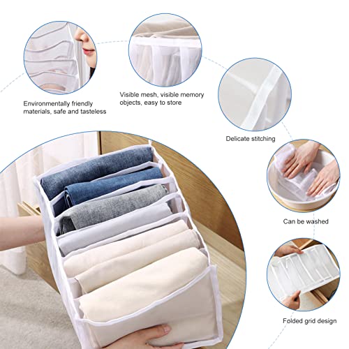 Wardrobe Clothes Organizer (2 Pack ), 7 Grids Washable Foldable Closet Drawer Organizer Clothes Drawer Mesh Separation Box, Nylon Jeans Leggings Drawer Dividers Large Clothes Storage Box (2Pcs White)