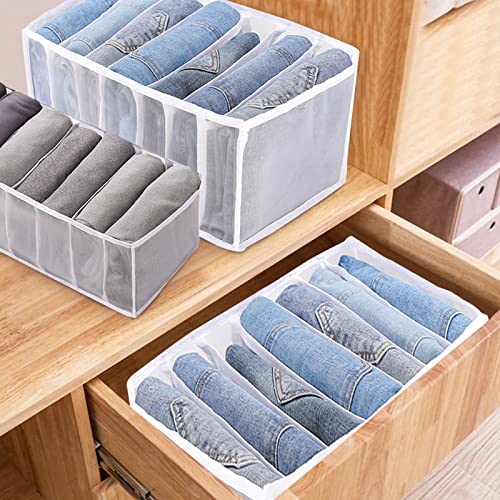 Wardrobe Clothes Organizer (2 Pack ), 7 Grids Washable Foldable Closet Drawer Organizer Clothes Drawer Mesh Separation Box, Nylon Jeans Leggings Drawer Dividers Large Clothes Storage Box (2Pcs White)