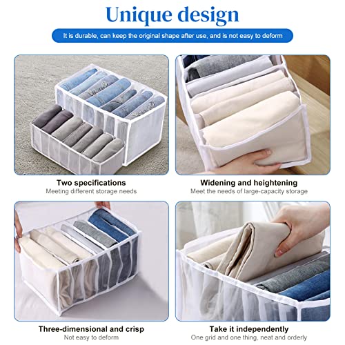 Wardrobe Clothes Organizer (2 Pack ), 7 Grids Washable Foldable Closet Drawer Organizer Clothes Drawer Mesh Separation Box, Nylon Jeans Leggings Drawer Dividers Large Clothes Storage Box (2Pcs White)