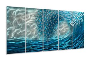 yihui arts hand crafted blue sea wave 3d metal wall art - coastal 5 panel aluminum sculpture for big abstract office, hallway, fireplace, and home decor