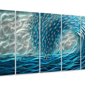 Yihui Arts Hand Crafted Blue Sea Wave 3D Metal Wall Art - Coastal 5 Panel Aluminum Sculpture for Big Abstract Office, Hallway, Fireplace, and Home Decor