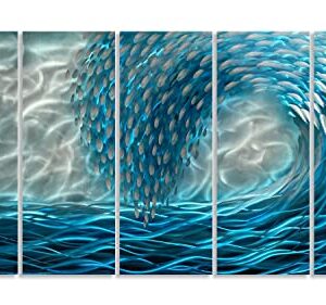 Yihui Arts Hand Crafted Blue Sea Wave 3D Metal Wall Art - Coastal 5 Panel Aluminum Sculpture for Big Abstract Office, Hallway, Fireplace, and Home Decor