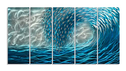 Yihui Arts Hand Crafted Blue Sea Wave 3D Metal Wall Art - Coastal 5 Panel Aluminum Sculpture for Big Abstract Office, Hallway, Fireplace, and Home Decor