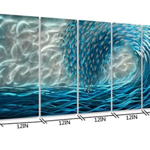 Yihui Arts Hand Crafted Blue Sea Wave 3D Metal Wall Art - Coastal 5 Panel Aluminum Sculpture for Big Abstract Office, Hallway, Fireplace, and Home Decor