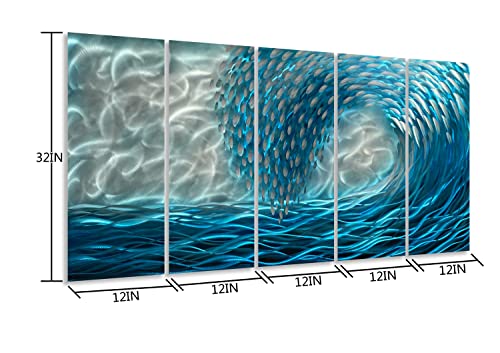 Yihui Arts Hand Crafted Blue Sea Wave 3D Metal Wall Art - Coastal 5 Panel Aluminum Sculpture for Big Abstract Office, Hallway, Fireplace, and Home Decor