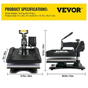 VEVOR Heat Press Machine, 15x15in 8in1 Heat Press, 800W Sublimation Machine, 360° Rotation Swing-Away Heat Press, Dual-Tube Heating Printing for DIY T-Shirts Cap Mugs (Black)