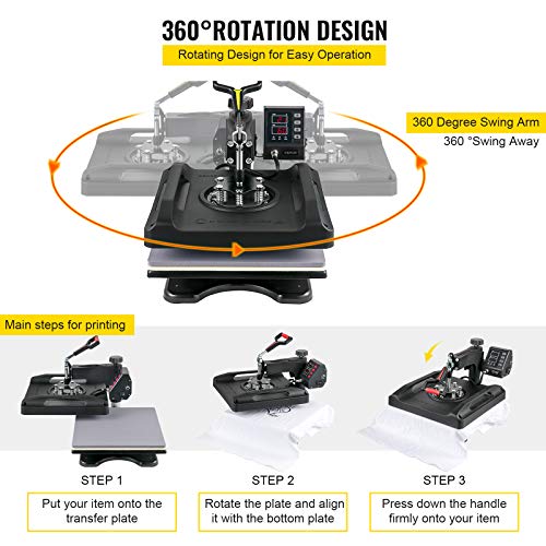 VEVOR Heat Press Machine, 15x15in 8in1 Heat Press, 800W Sublimation Machine, 360° Rotation Swing-Away Heat Press, Dual-Tube Heating Printing for DIY T-Shirts Cap Mugs (Black)