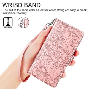 Petocase Samsung Galaxy S22 Wallet Case - Embossed Mandala Floral Leather, Wristlet Shockproof, ID & Card Slots, Rose Gold