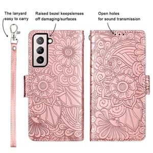 Petocase Samsung Galaxy S22 Wallet Case - Embossed Mandala Floral Leather, Wristlet Shockproof, ID & Card Slots, Rose Gold