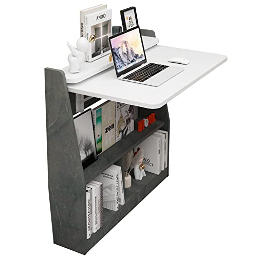 Pmnianhua Wall Mounted Folding Desk, 31'' Drop-Leaf Table,Drop Down Laptop Desk,Folding Wall Desk with Storage for Small Space Bedroom Living Room (Grey White)