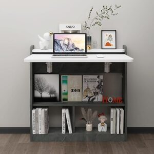 Pmnianhua Wall Mounted Folding Desk, 31'' Drop-Leaf Table,Drop Down Laptop Desk,Folding Wall Desk with Storage for Small Space Bedroom Living Room (Grey White)