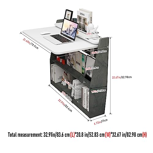 Pmnianhua Wall Mounted Folding Desk, 31'' Drop-Leaf Table,Drop Down Laptop Desk,Folding Wall Desk with Storage for Small Space Bedroom Living Room (Grey White)