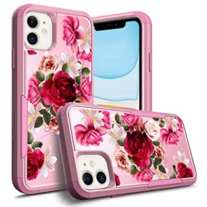 compatible for apple iphone 11 cases, pink cute women & girls heavy duty [ red rose floral ] cover with [ shockproof ] protective flower phone case for iphone 11 -tq rr