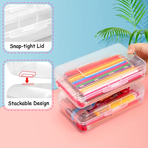 Sooez Pencil Box Clear, Plastic Pencil Case, Hard Pencil Case with Stickers, Clear Crayon Box, Large Plastic Pencil Boxes with Lid, Stackable Supply Boxes, Pencil Case Box for Kids School Boys